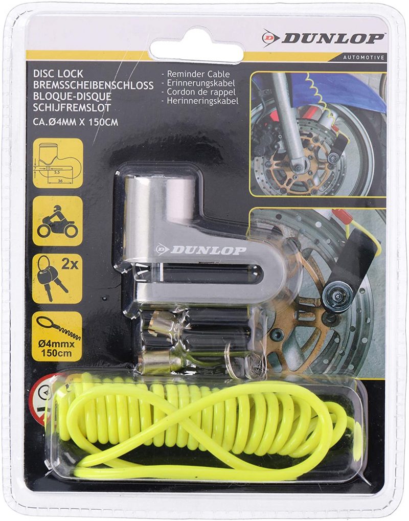 Dunlop Motorbike Disc Brake Lock with Reminder cable Silver or Black ...